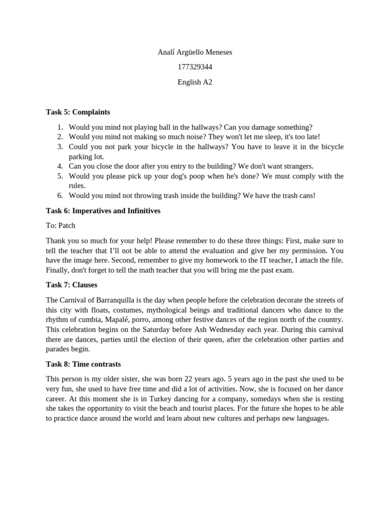 Analí Argüello Meneses English A2 Task 5 To 8 | PDF