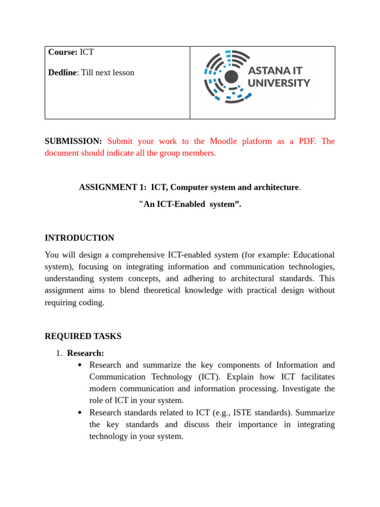 Assignment 1. ICT, Computer system and architecture. 2024 | PDF