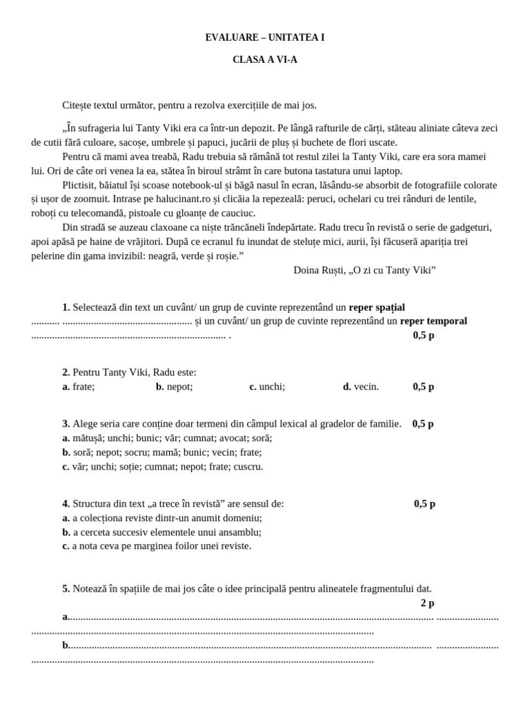 Evaluare Unitatea 1 Clasa A VI-a | PDF