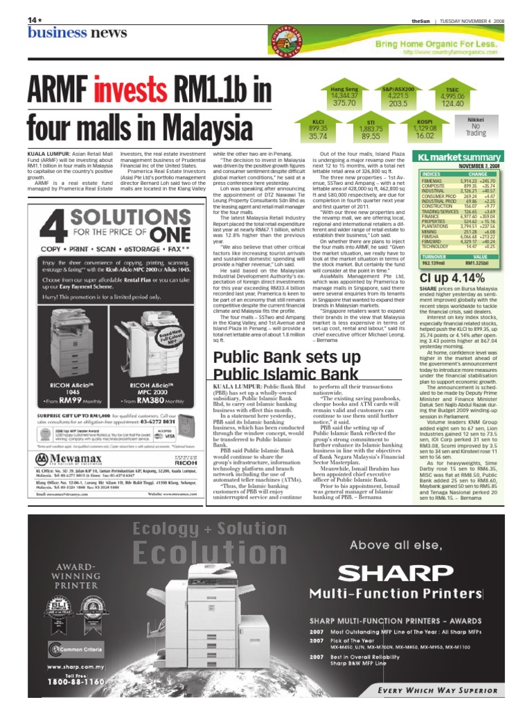 TheSun 2008-11-04 Page14 ARMF Invests RM1.1b in Four Malls in Malaysia ...