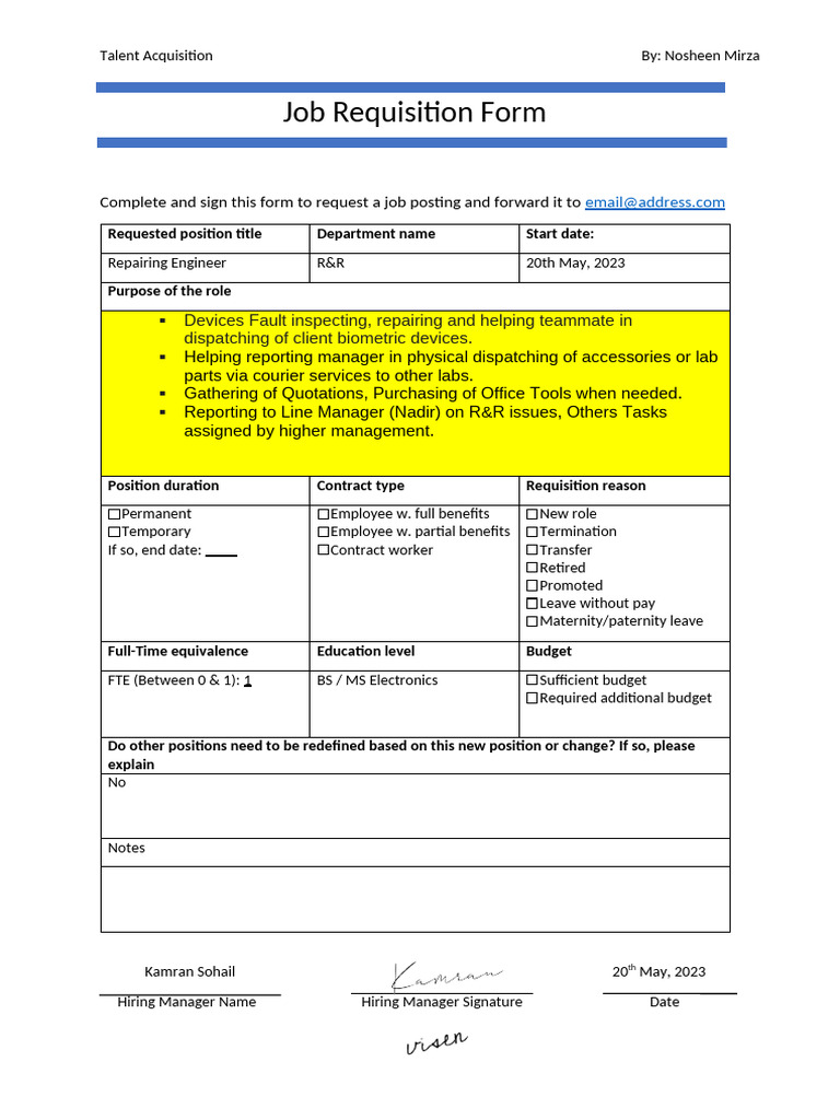 Requisition Form- Repairing Engineer | PDF