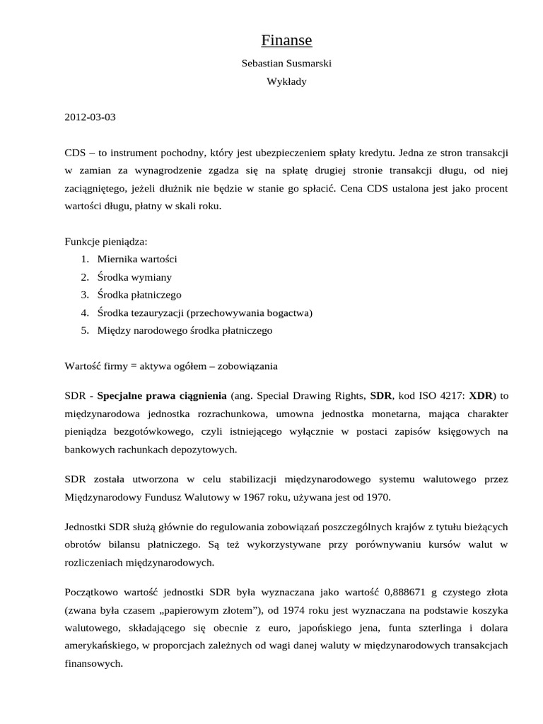 Finanse - Wykłady - Notatki | PDF