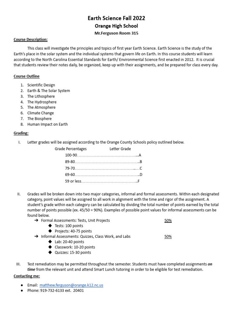 Earth Science Syllabus Fall 2022 | PDF