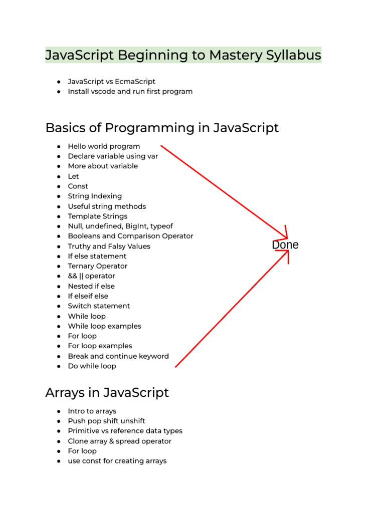 JavaScript Beginning To Mastery Syllabus | PDF