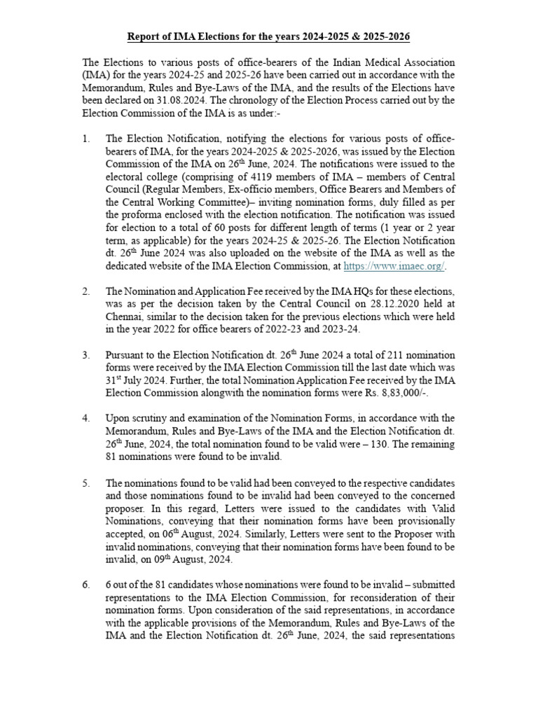 Report of IMA Elections For The Years 2024 2025 and 2025 2026 | PDF