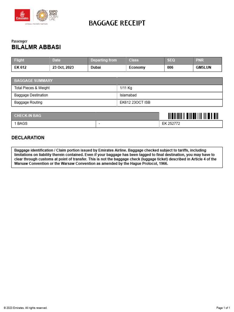 E Baggage Receipt A4 | PDF
