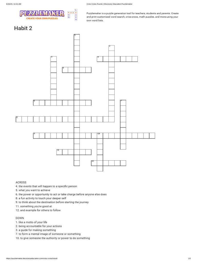 Criss Cross Puzzle - Discovery Education Puzzlemaker | PDF | Self ...