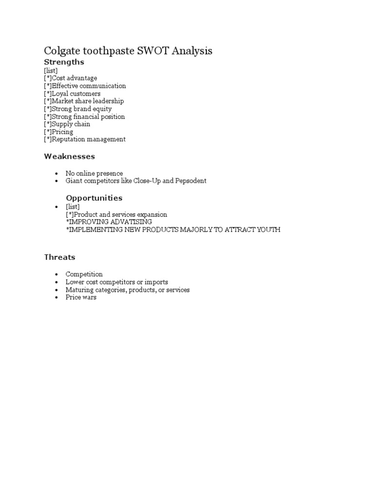Colgate Toothpaste SWOT Analysis | PDF | Marketing Strategy | Swot Analysis