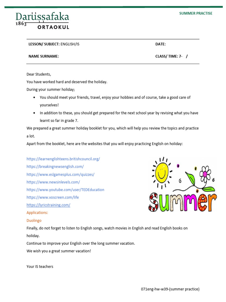 071eng-Hw-W39 - (Summer Practice) | PDF