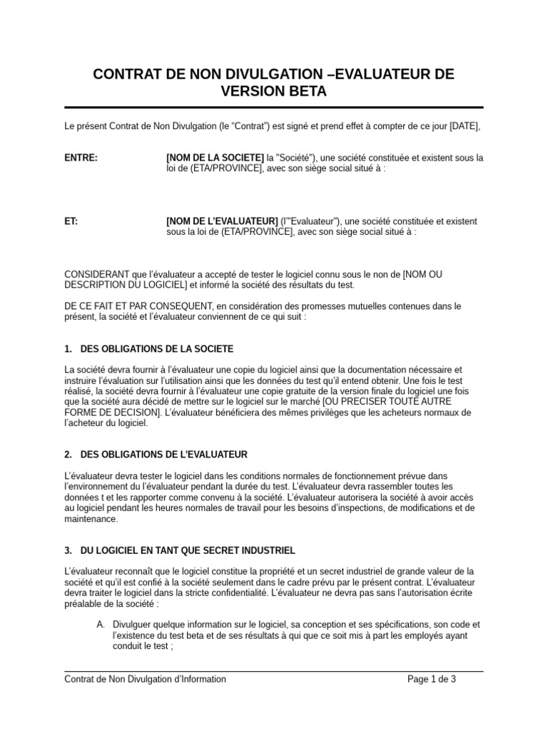 Contrat de Confidentialité - Évaluateur de Version Béta de Log | PDF