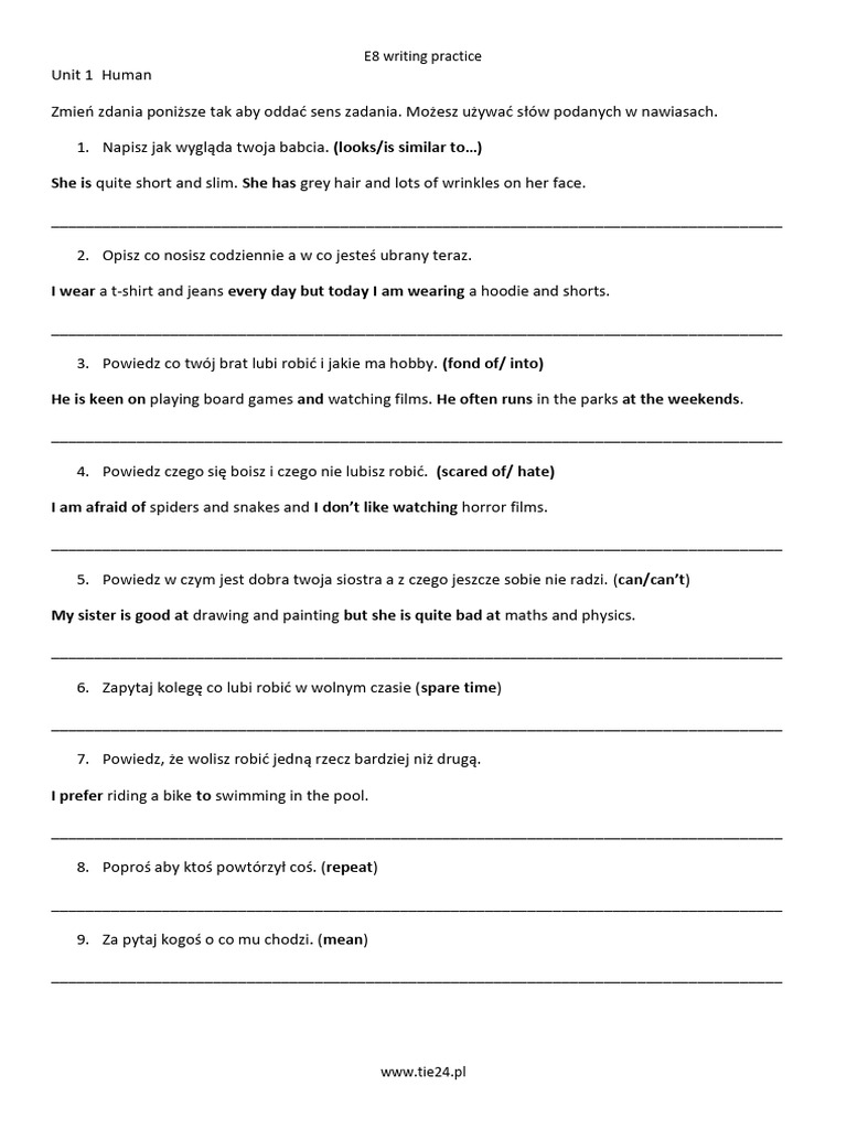 E8 Writing Practice for Polish Students | PDF