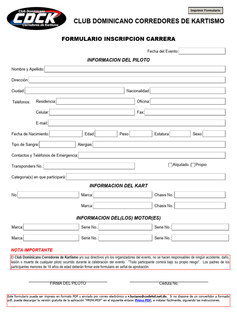 CDCK Formulario Inscripcion Menor de Edad | PDF