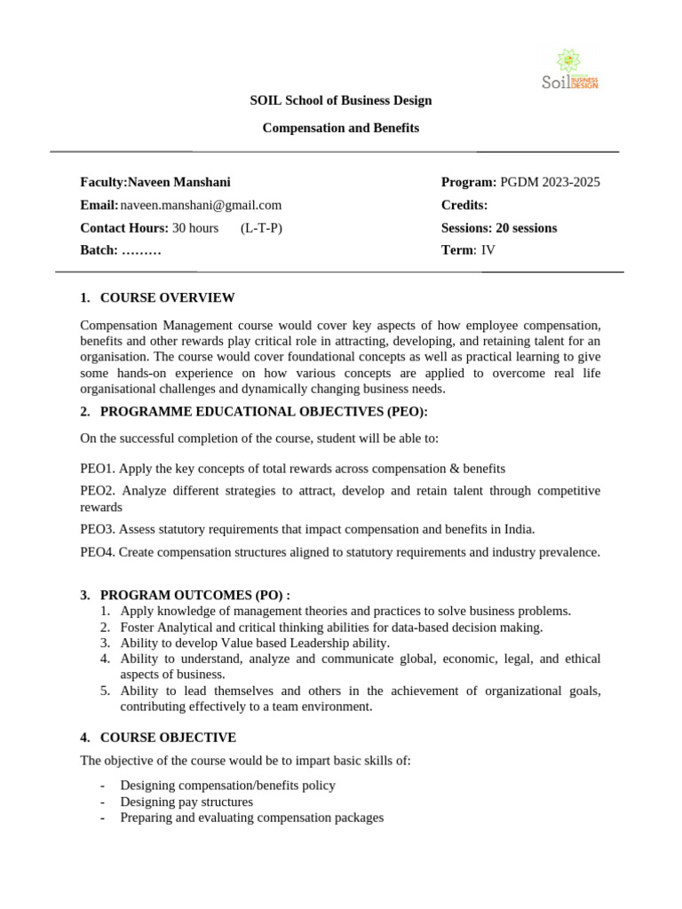 2024 Course Outline Compensation and Benefits SOBD | PDF