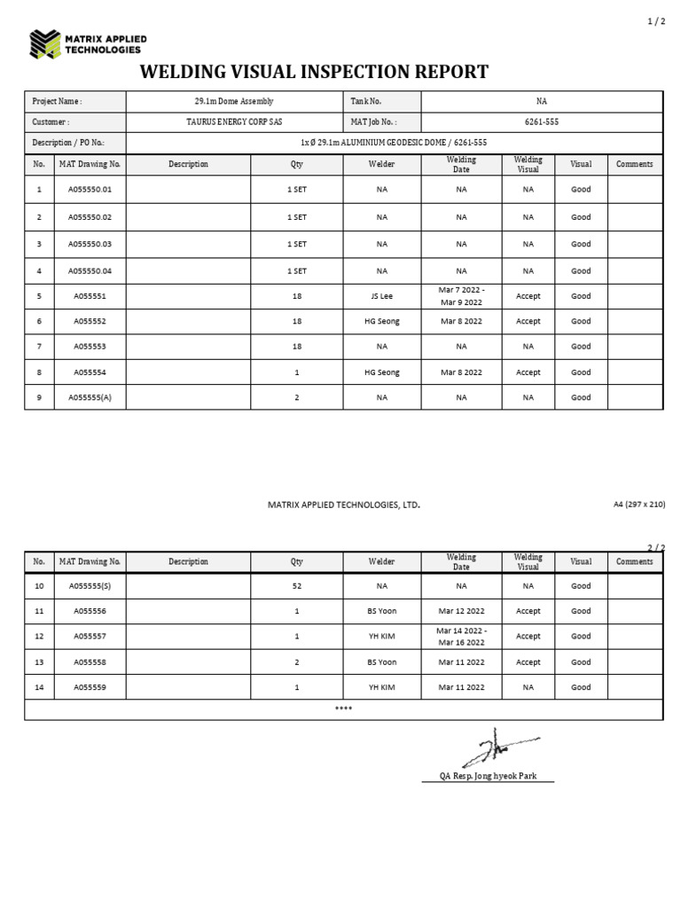 Welding Visual Inspection Report 6261-555 - Dome | PDF
