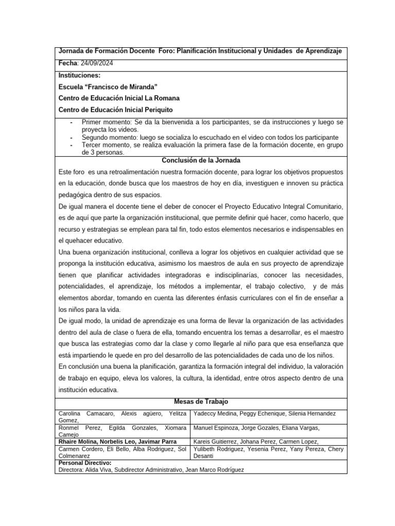 Jornada de Formación Docente Foro Planificacion Institucional, Proyecto y Unidades de ...