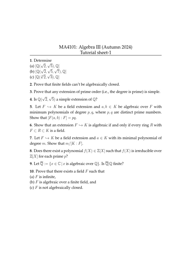 MA4101: Algebra III (Autumn 2024) Tutorial Sheet-1: Q Q Q Q Q Q | PDF