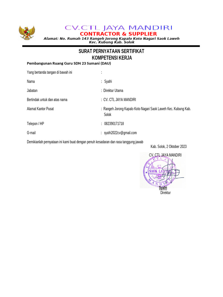 Surat Pernyataan Minat SKK CV - CTL.JAYA MANDIRI | PDF