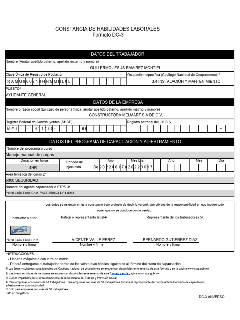 Constancia de Habilidades Laborales Formato DC-3: Datos Del Trabajador | PDF
