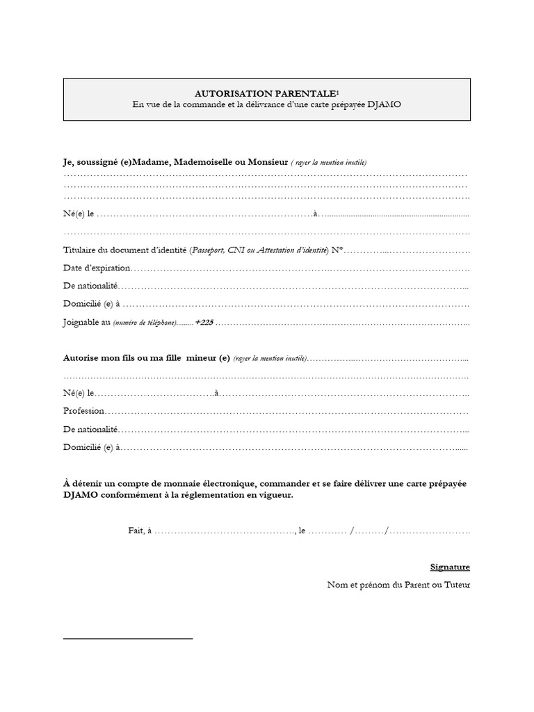 Modele Autorisation Parentale - Carte Djamo Mineur | PDF