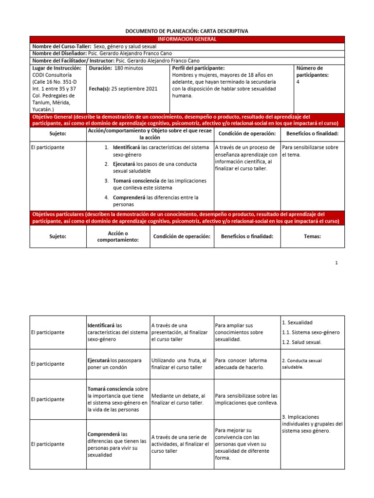 01 Carta Descriptiva. Ejemplo | PDF
