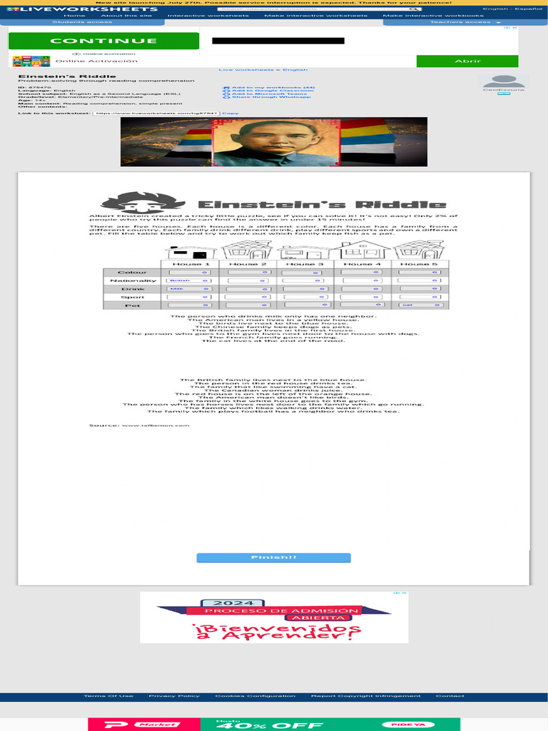 Einstein's Riddle Worksheet | PDF