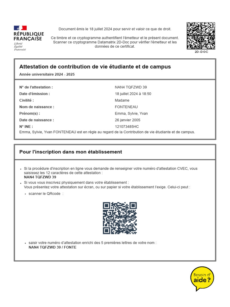 Attestation CVEC | PDF