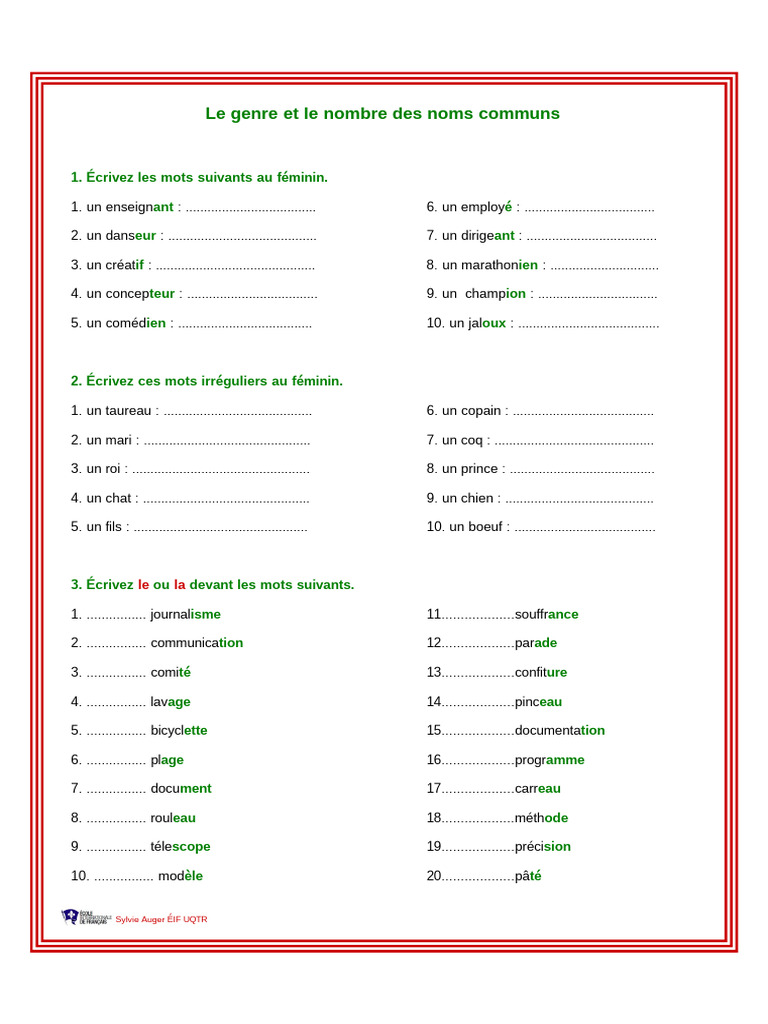 Le Genre Et Le Nombre Des Noms Communs Exercices Et Corrigé Débutant | PDF