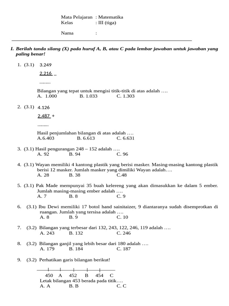Soal Pts Mtk Kelas 3 | PDF