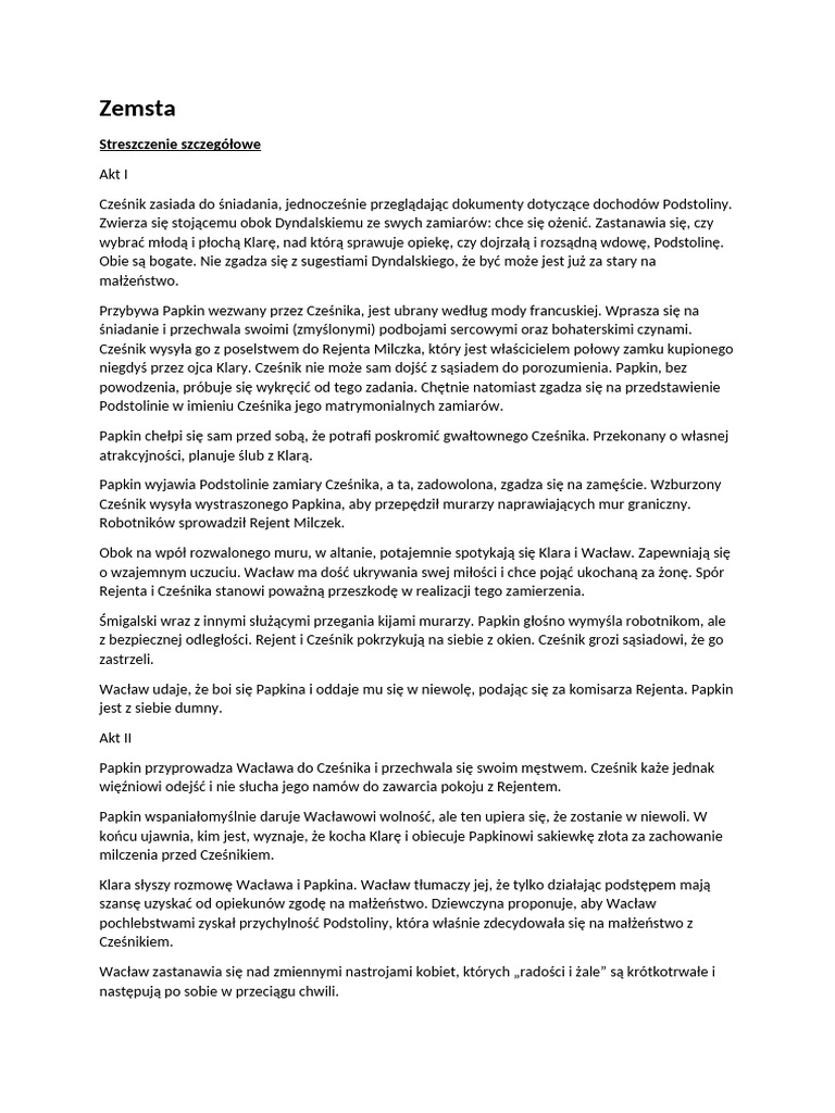 Zemsta - Streszczenie | PDF