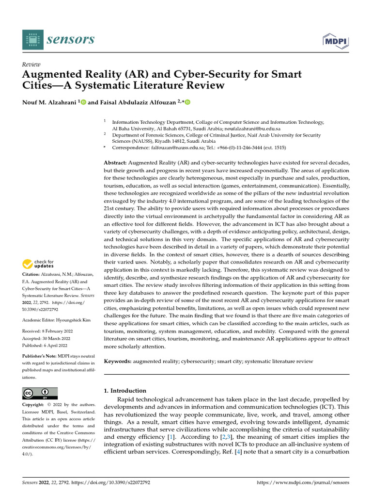 Augmented Reality AR and CyberSecurity For Smart CitiesA Systematic Literature ReviewSensors ...