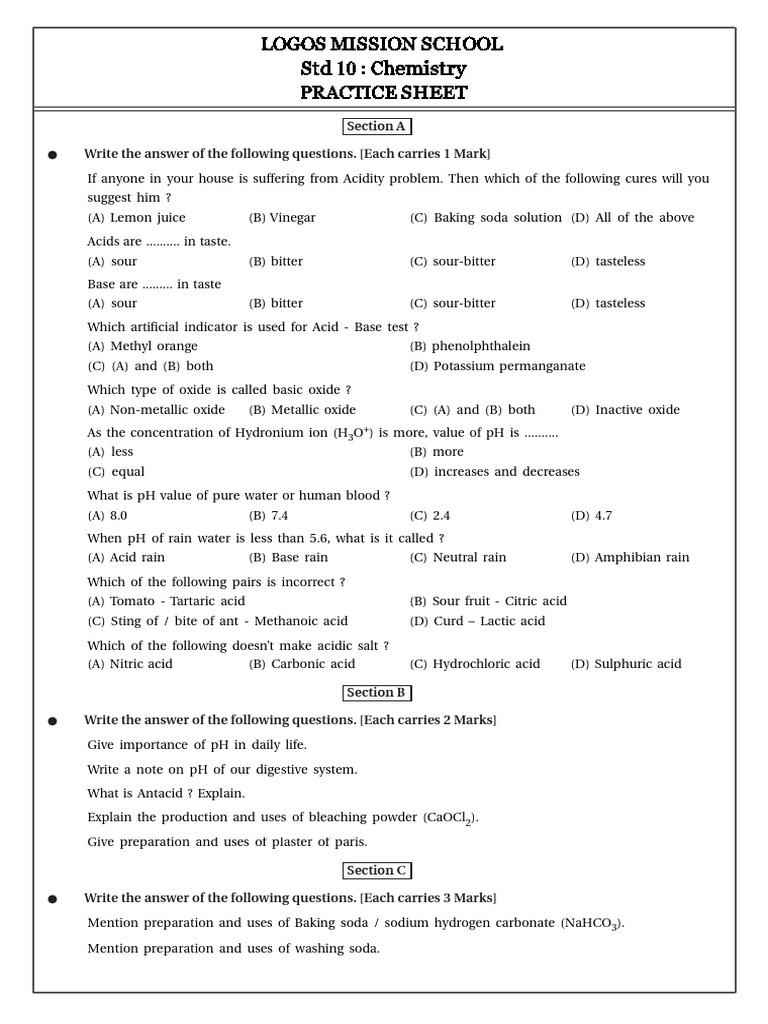 Logos Mission School STD 10: Chemistry Practice Sheet | PDF