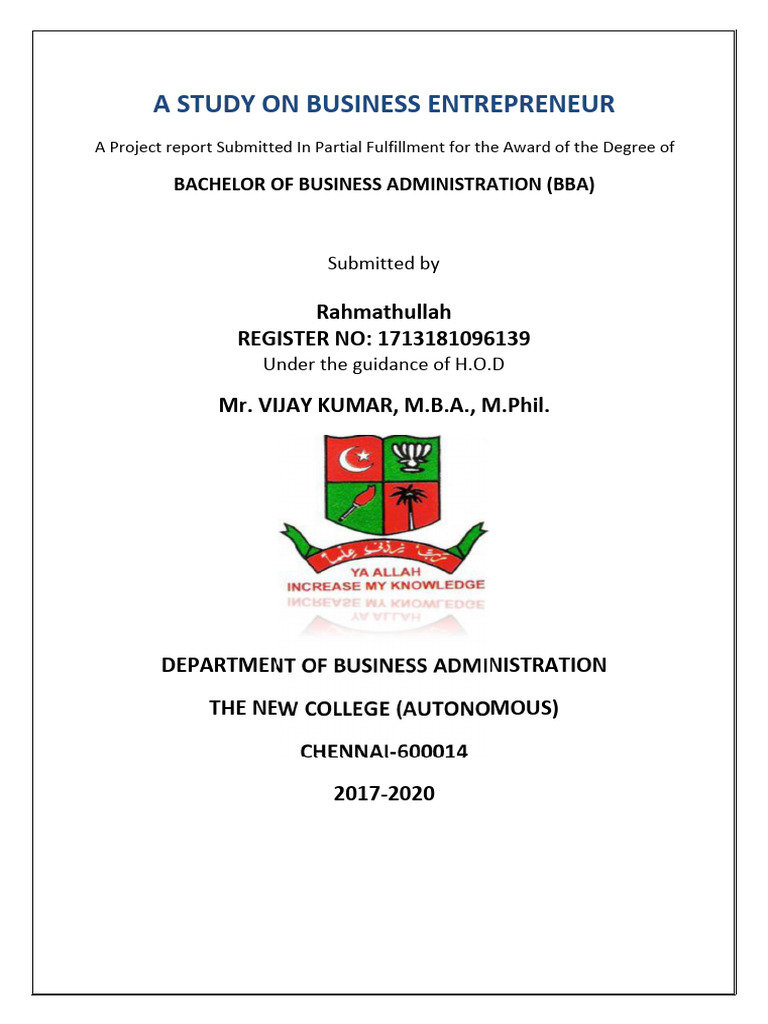 A Study On Business Entrepreneur: Rahmathullah REGISTER NO ...