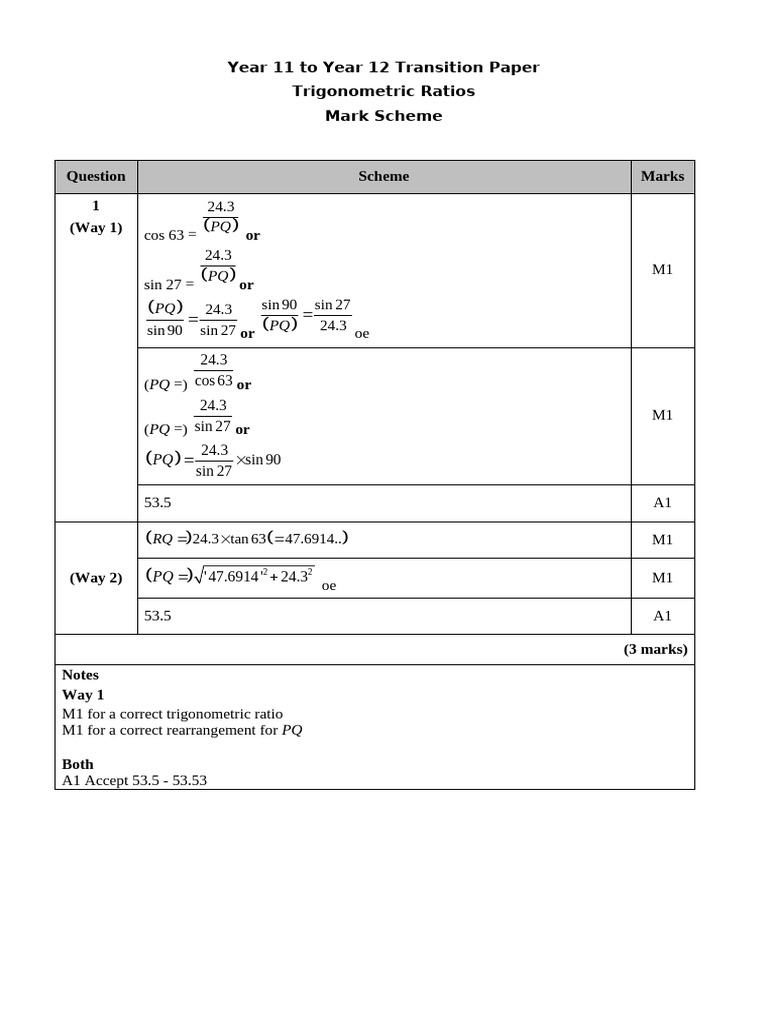 Chapter 9 Trigonometric Ratios Mark Scheme | PDF