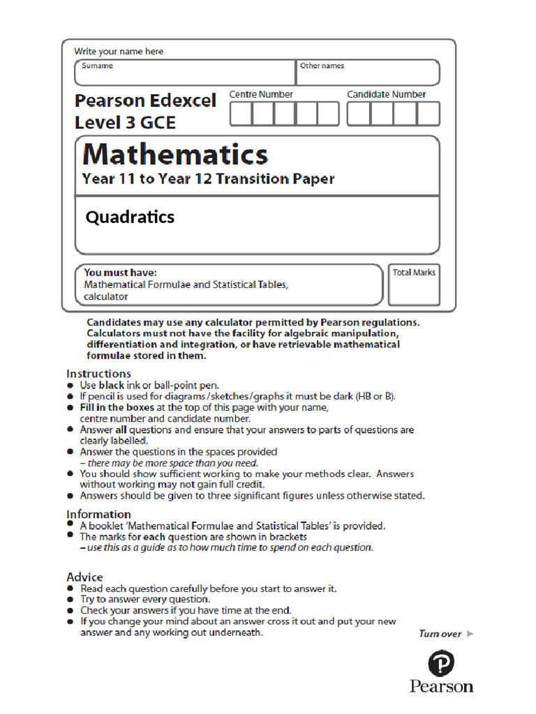 Chapter 2 Quadratics Question Paper | PDF