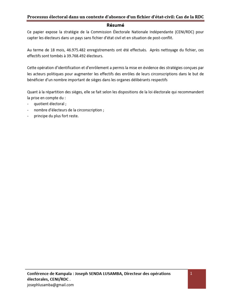 Résumé: Processus Électoral Dans U - Civil: Cas de La RDC | PDF
