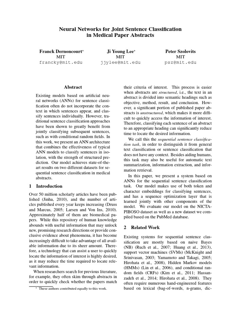 Neural Networks For Joint Sentence Classification | PDF
