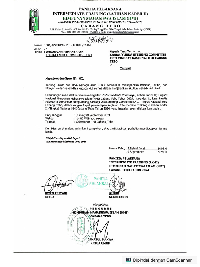 Undangan Pemantapan Kegiatan LK II Tingkat Nasional HMI Cabang Tebo Tahun 2024 (KPD, Yth. SC LK ...