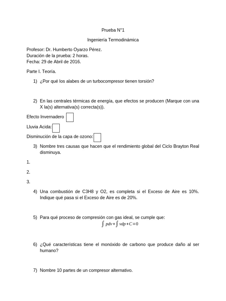 Prueba de Ing Termodinamica 1 | PDF