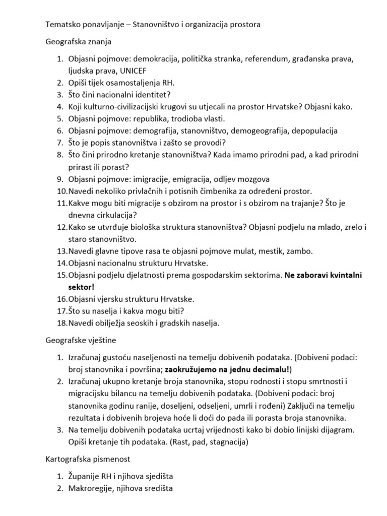 Tematsko Ponavljanje - Stanovništvo - 4. PPZ | PDF