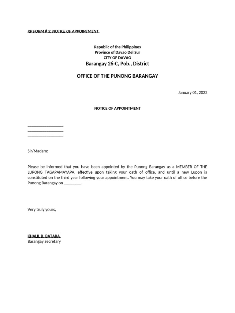 KP Form 3 Notice of Appointment | PDF