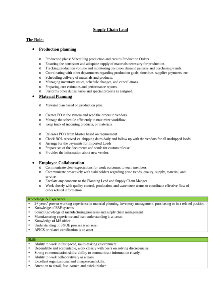 Supply Chain Lead - Agrocrop | PDF