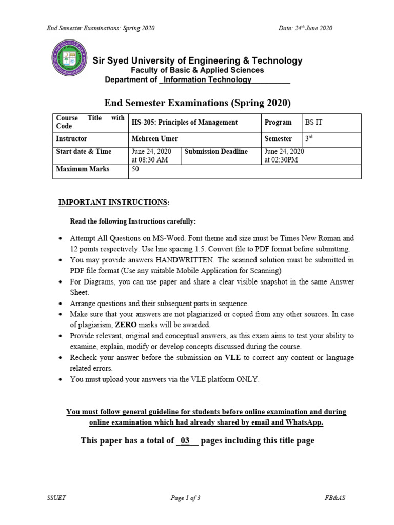 HS-205 Principles of Management Final Exam Paper | PDF