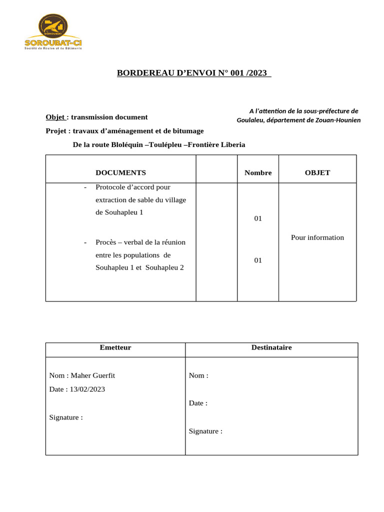 Bordereau D Envoi | PDF