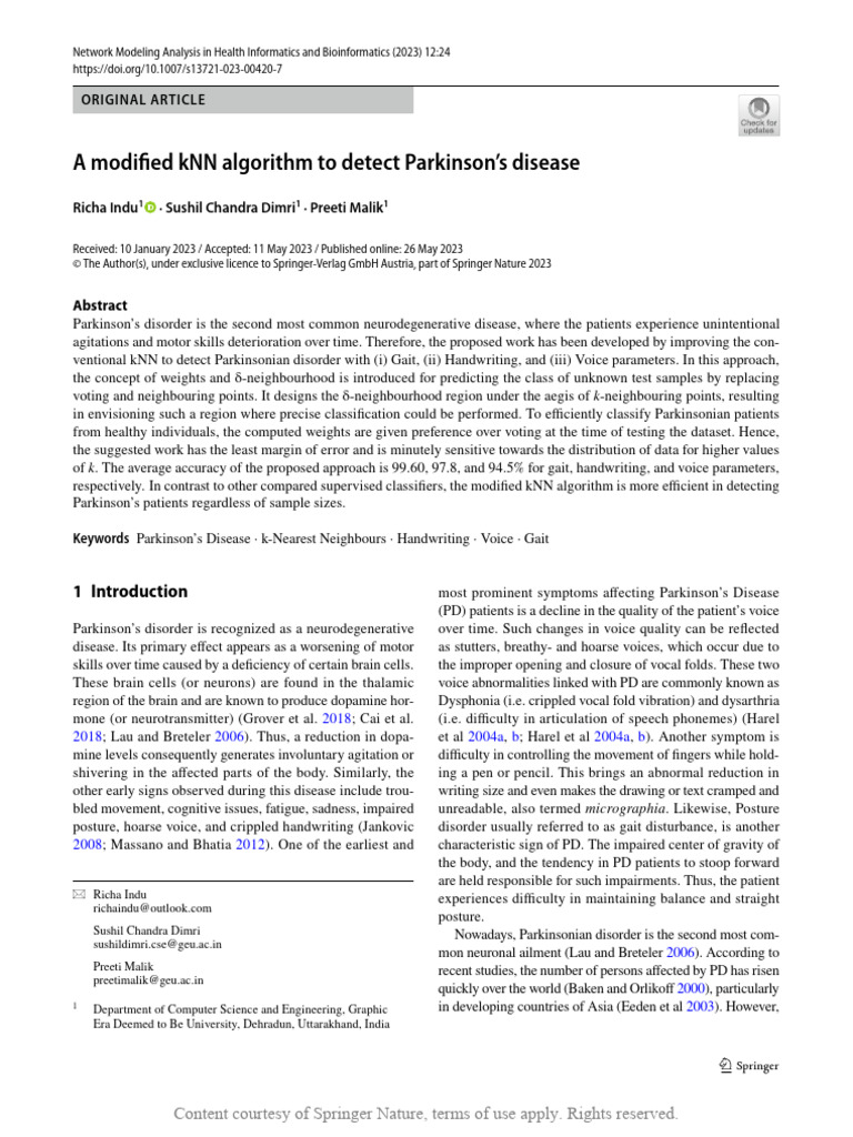 A Modified KNN Algorithm To Detect Parkinsons Dis | PDF
