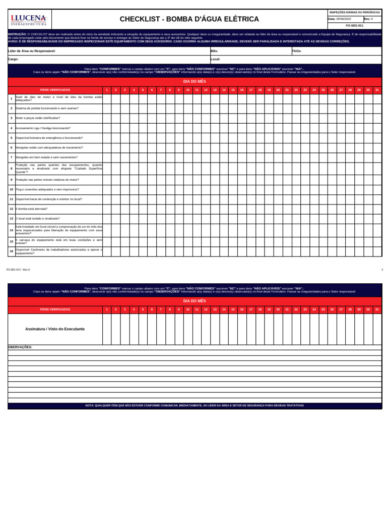 FO-SEG-011 - Checklist Bomba D Agua Eletrica - Rev.0 | PDF