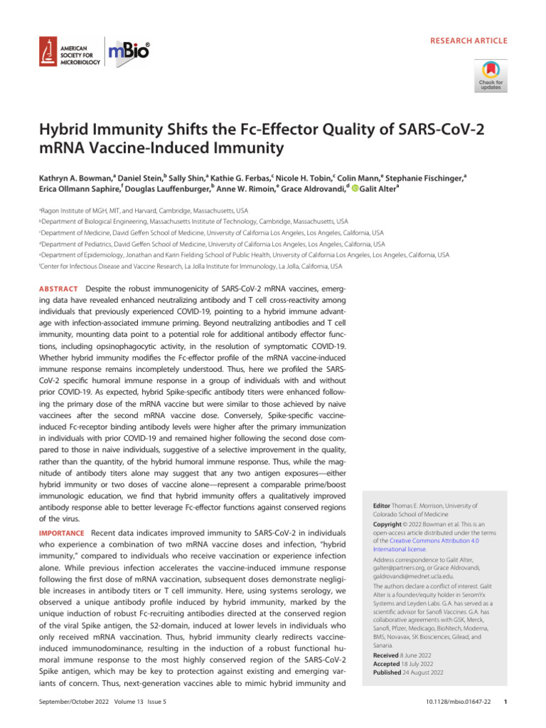 Hybrid Immunity Shifts The Fc-Effector Quality of SARS-CoV-2 mRNA ...
