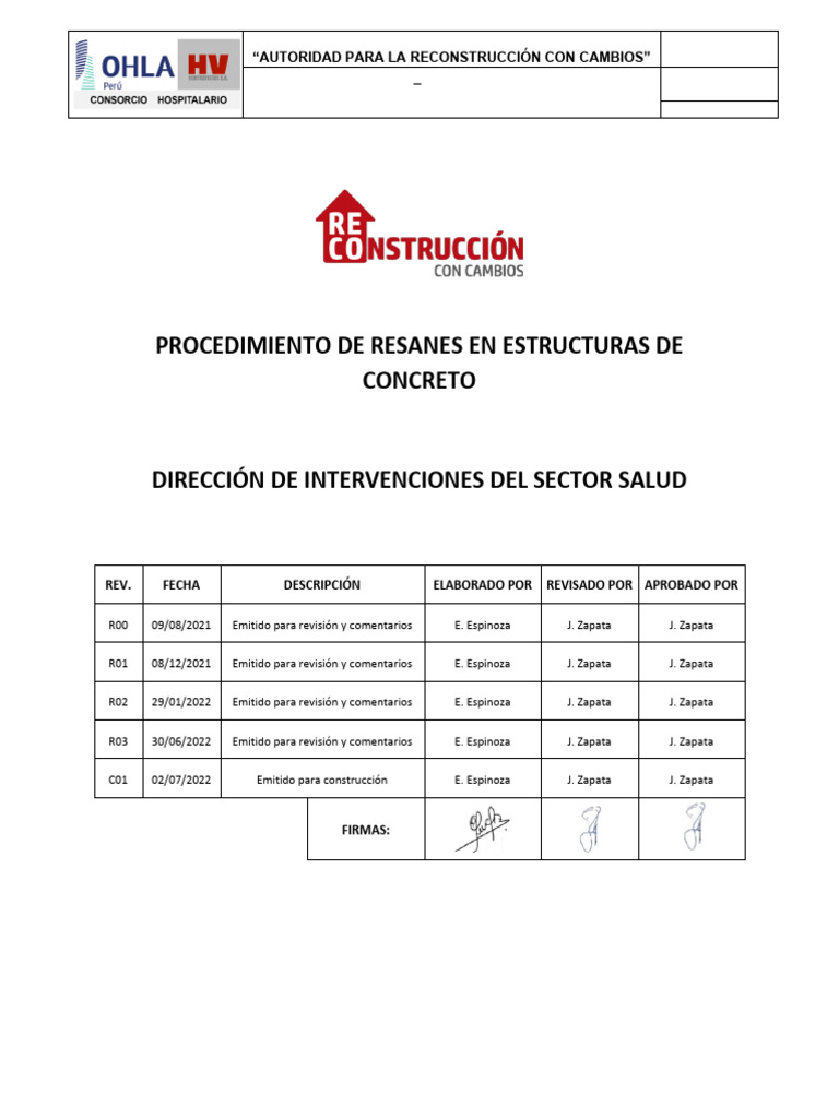 5 - Co-Pe-1p402-Qa-Pr-005 Procedimiento de Resane en Estructuras de Concreto | PDF