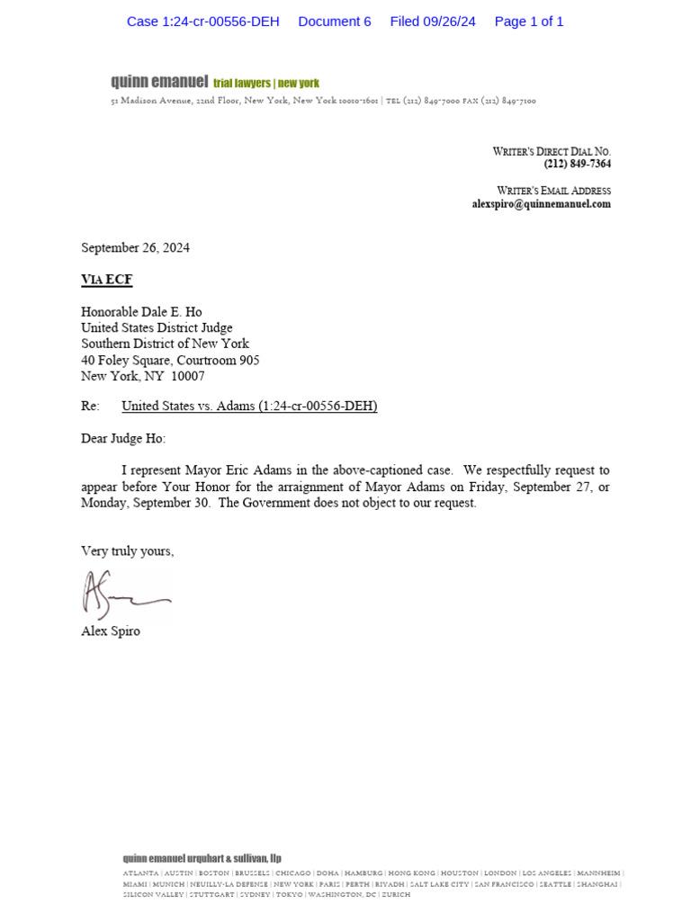 Eric Adams Arraignment Letter | PDF