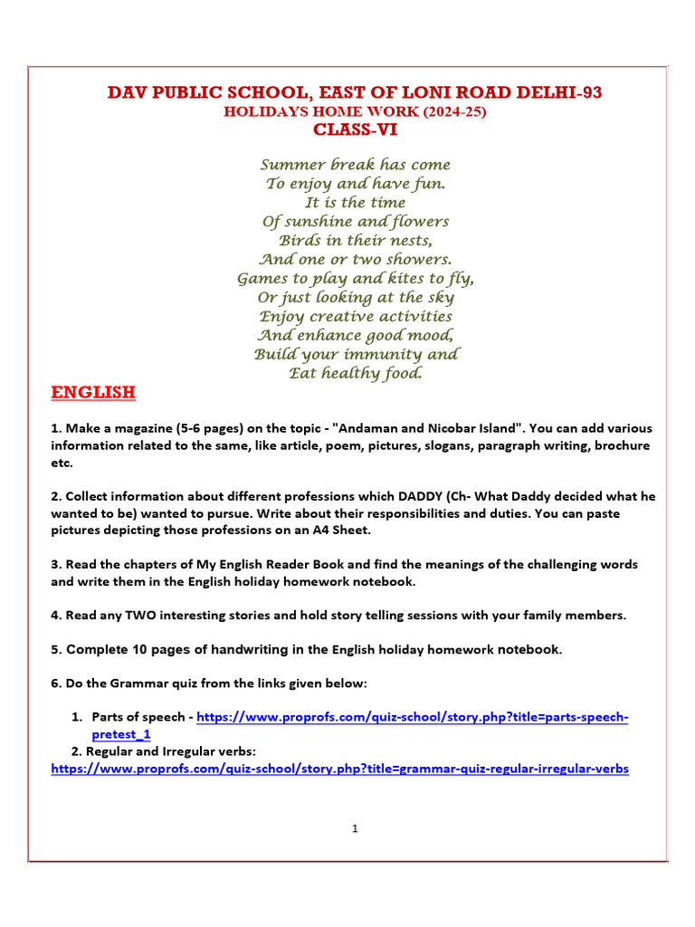 Class VI Holiday Homework 2024-25 | PDF | Linguistics