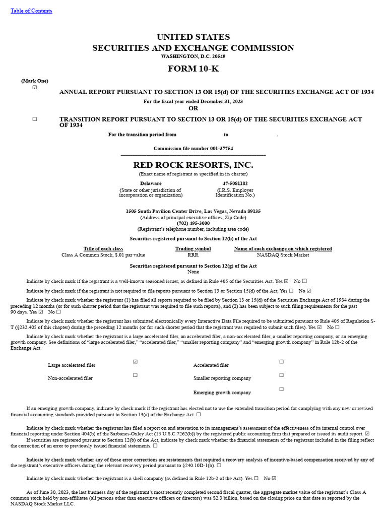 RRR (Red Rock Resorts Inc.) (10-K) 2024-02-21 PDF | PDF | Gambling | Stocks